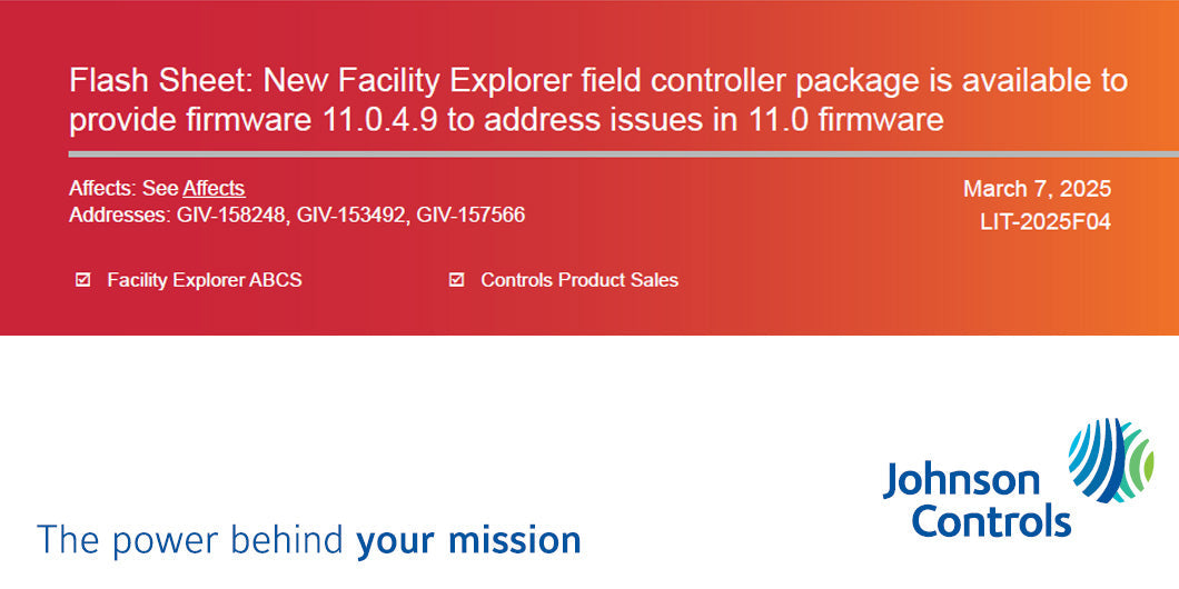 Facility Explorer Controller Flash Sheet Firmware 11.0